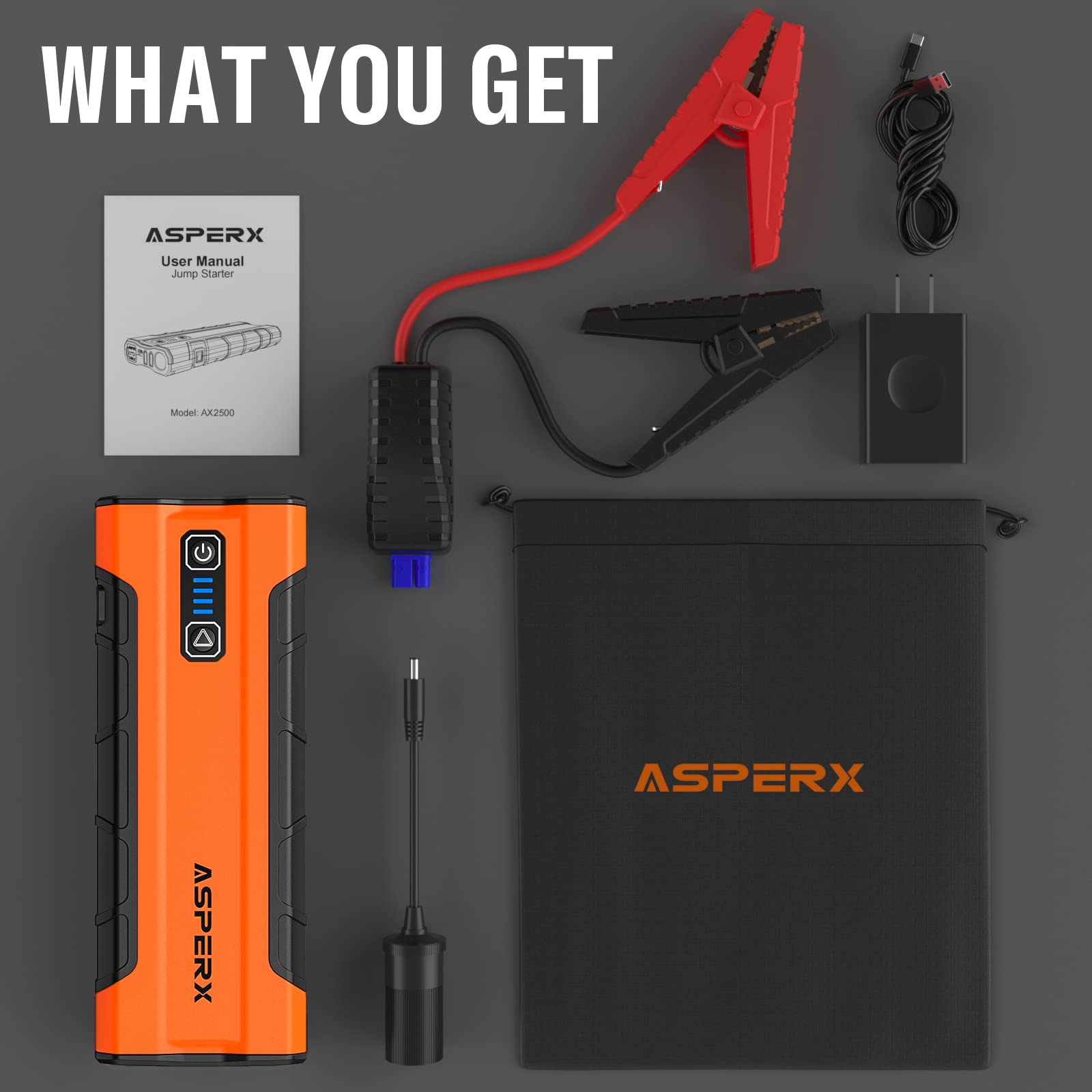 ASPERX AX2500 Jump Starter, 21000mAh 2500A Peak Battery Starter for 10L Gas or 7.3L Diesel Engines, 12V Auto Battery Booster, Lithium Jump Box with USB QC3.0, Jump Pack with Built-in LED Light