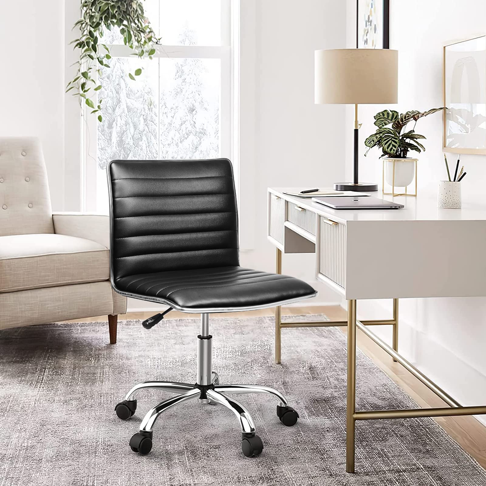 OFIKA Armless Office Desk Chair, Adjustable Task Chair, Low Back Faux Leather Ribbed Swivel Chair, Home Computer Chair Retro with Wheels, Vanity Chair,Black