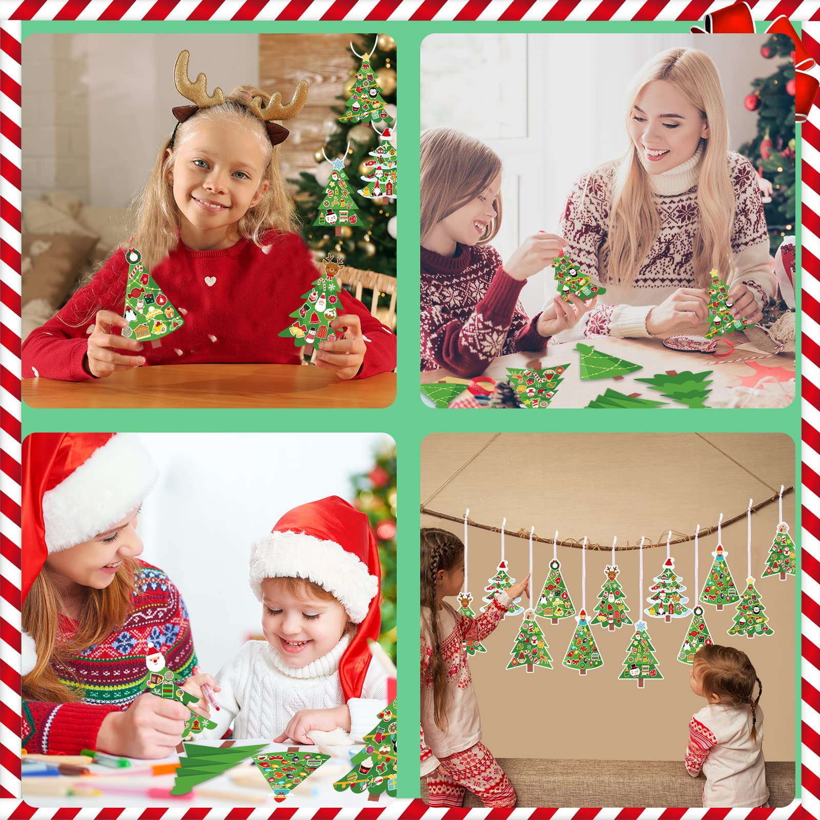 48 Pieces Christmas Tree Craft Kit for Kids Christmas Arts and Crafts Make Your Own Christmas Craft Project for Kid DIY Christmas Tree Ornament Kit Self Adhesive Sticker Sheet for Xmas Tree Decoration