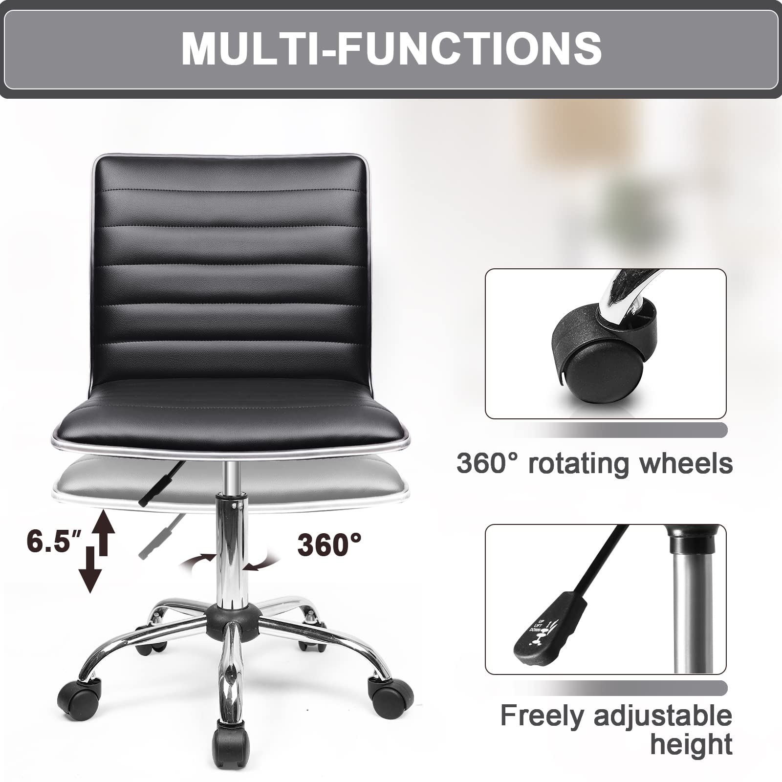 OFIKA Armless Office Desk Chair, Adjustable Task Chair, Low Back Faux Leather Ribbed Swivel Chair, Home Computer Chair Retro with Wheels, Vanity Chair,Black