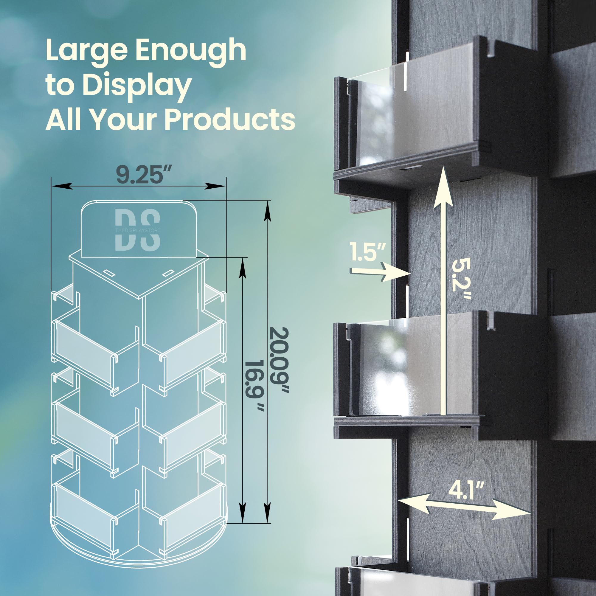 DS THE DISPLAY STORE 3 Tier Rotating Sticker Display Stand for Vendors, Black Wooden Countertop Organizer Shelf for Coasters, Retail, Showcase, Tradeshow