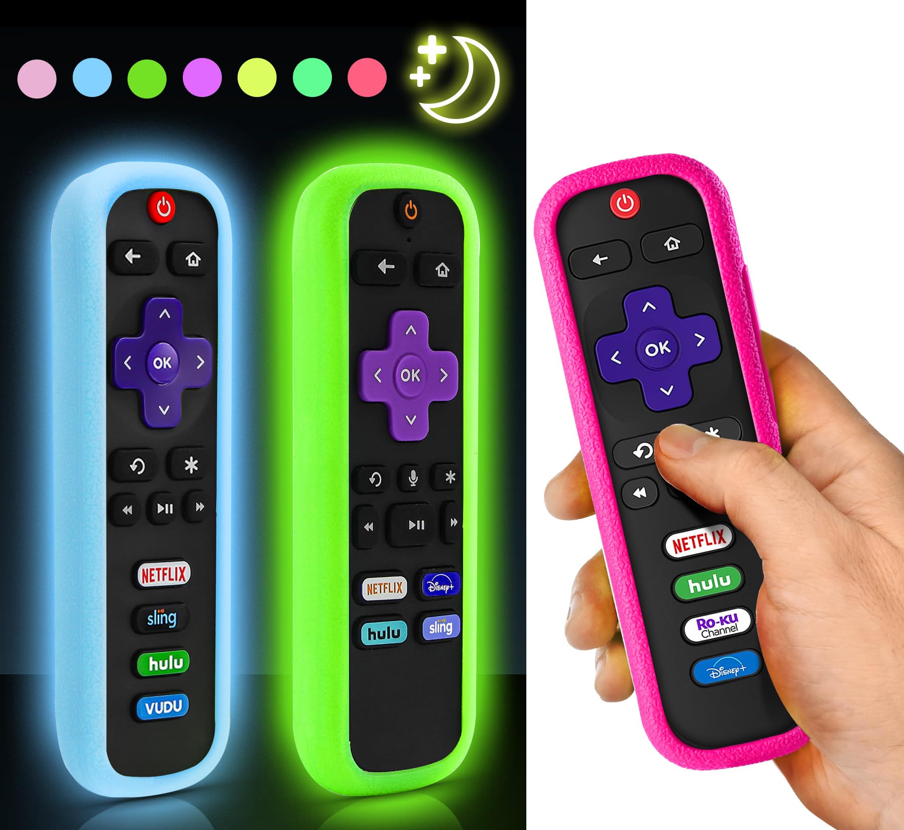 (3Pack) ONEBOM Cover for Roku Remote, Cover for Hisense/TCL Roku TV Steaming Stick/Express Universal Replacement Controller Silicone Sleeve Skin Glow in The Dark(Only Green&Blue Can Glow