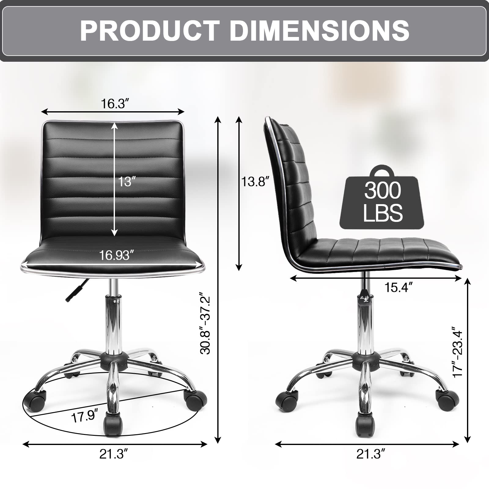 OFIKA Armless Office Desk Chair, Adjustable Task Chair, Low Back Faux Leather Ribbed Swivel Chair, Home Computer Chair Retro with Wheels, Vanity Chair,Black