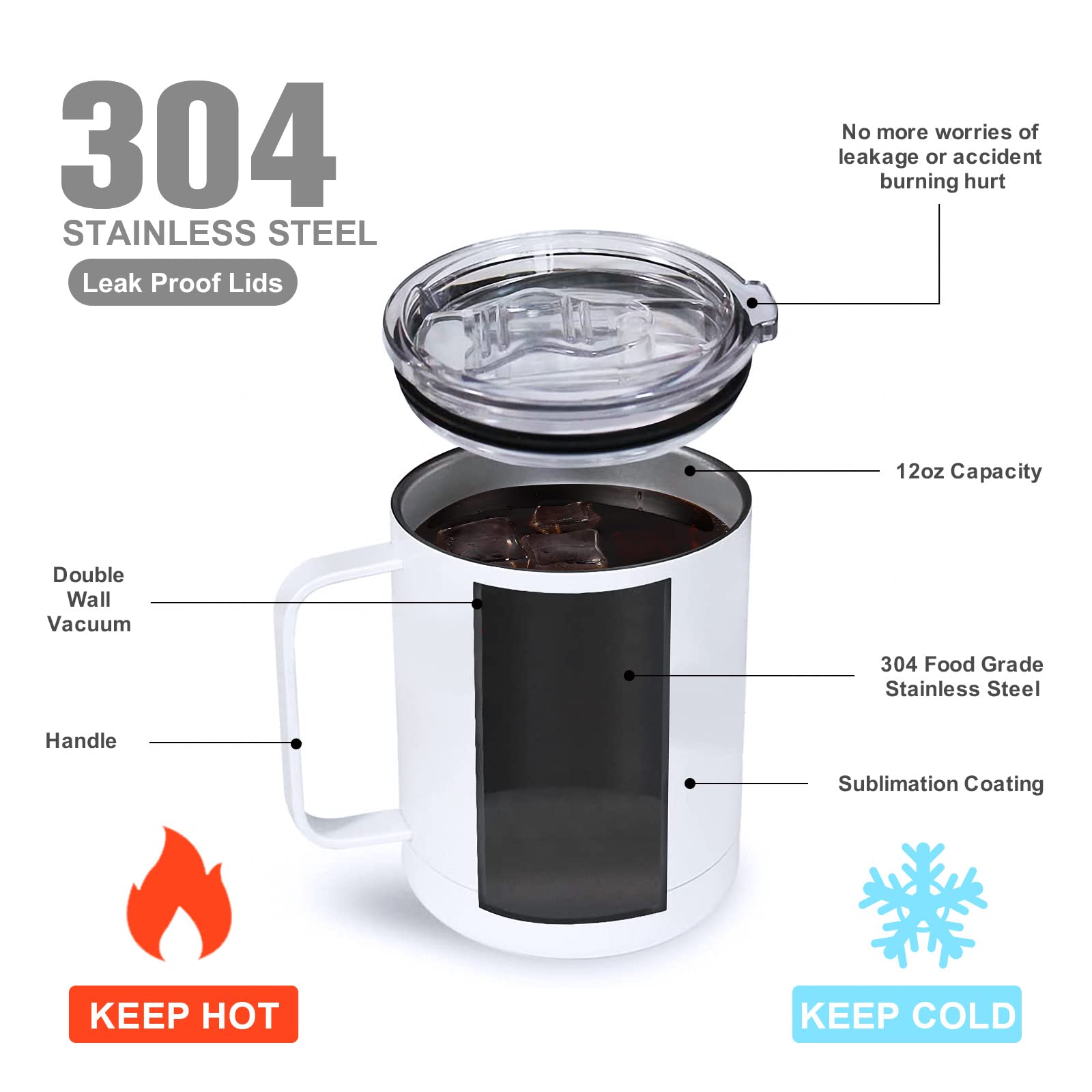 BetterSub 12oz Sublimation Tumbler Mugs with Handle and Sliding Lid, Display Box, Stainless Steel Coffee Camping Mugs Double Wall Vacuum Insulation Sublimation Blank, 6 Packs White