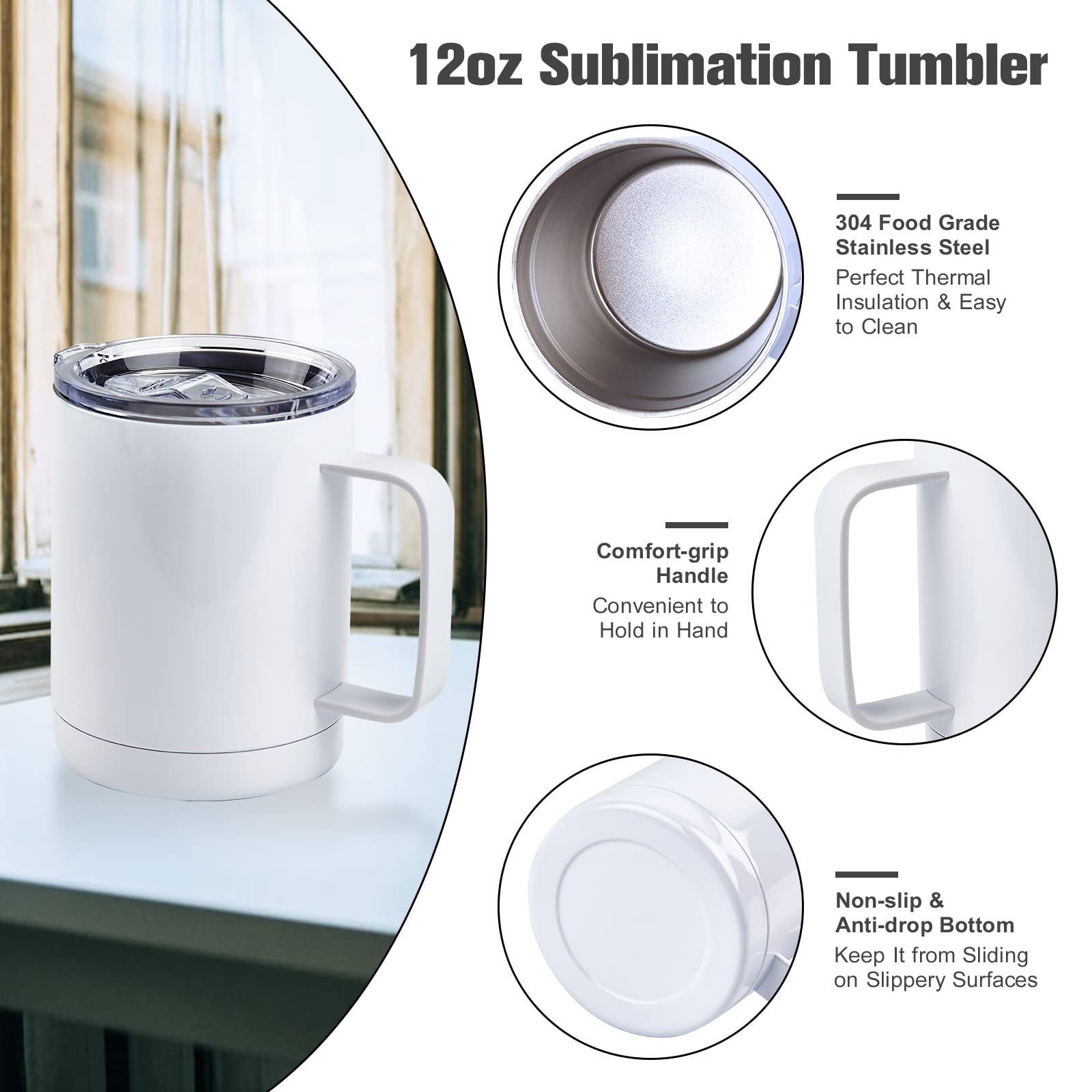 BetterSub 12oz Sublimation Tumbler Mugs with Handle and Sliding Lid, Display Box, Stainless Steel Coffee Camping Mugs Double Wall Vacuum Insulation Sublimation Blank, 6 Packs White