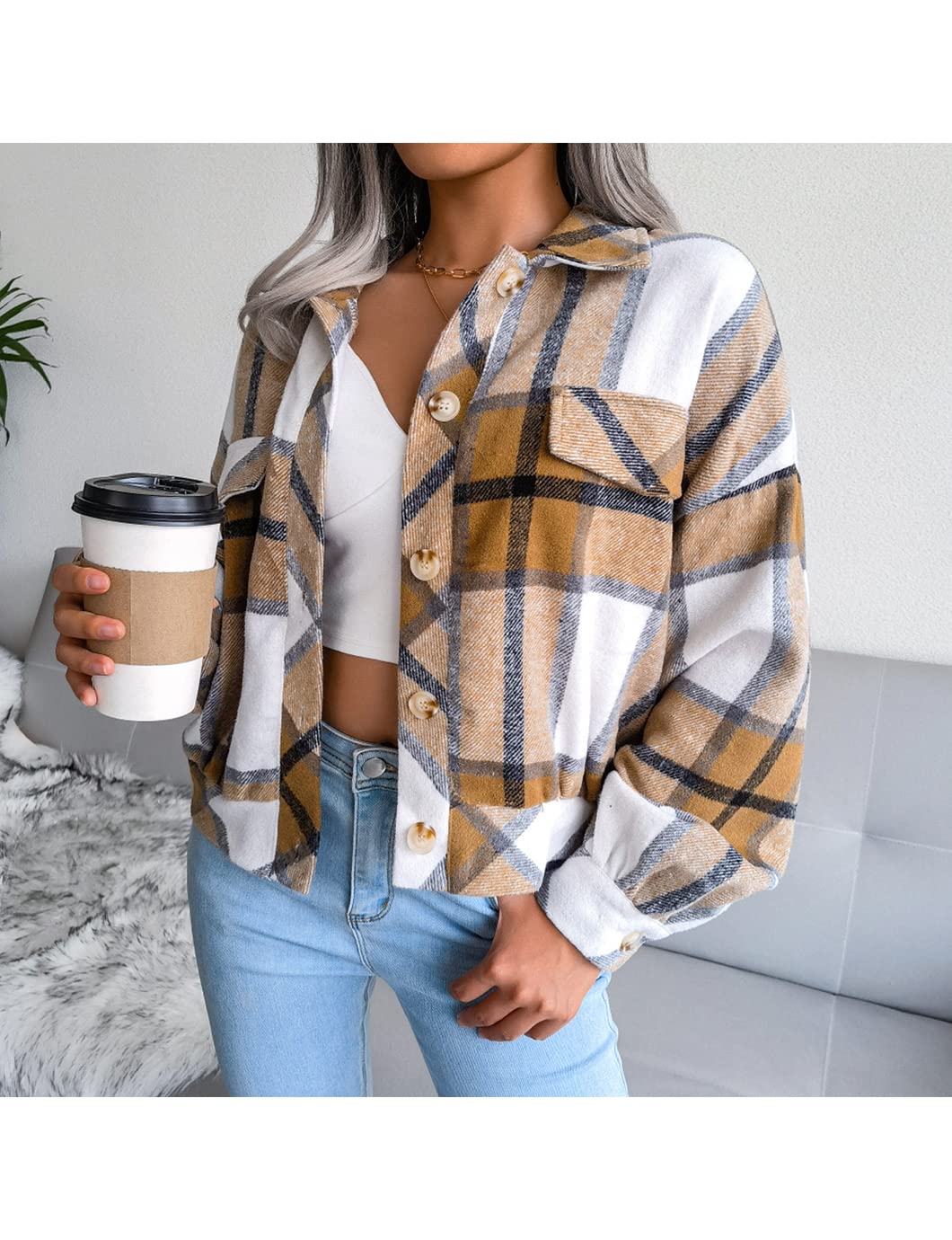 Womens Casual Plaid Shacket Long Sleeve Wool Blend Button Down Shirt Jacket Tops(Khaki,M)