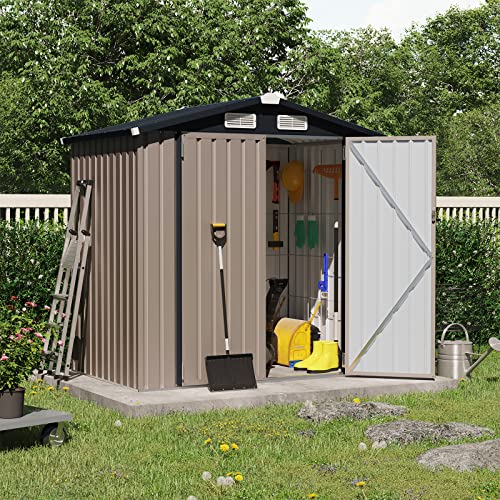 OC Orange-Casual 6 x 4 FT Outdoor Storage Shed, Metal Garden Tool Shed, Outside Sheds & Outdoor Storage Galvanized Steel w/Lockable Door for Backyard, Patio, Lawn, Brown