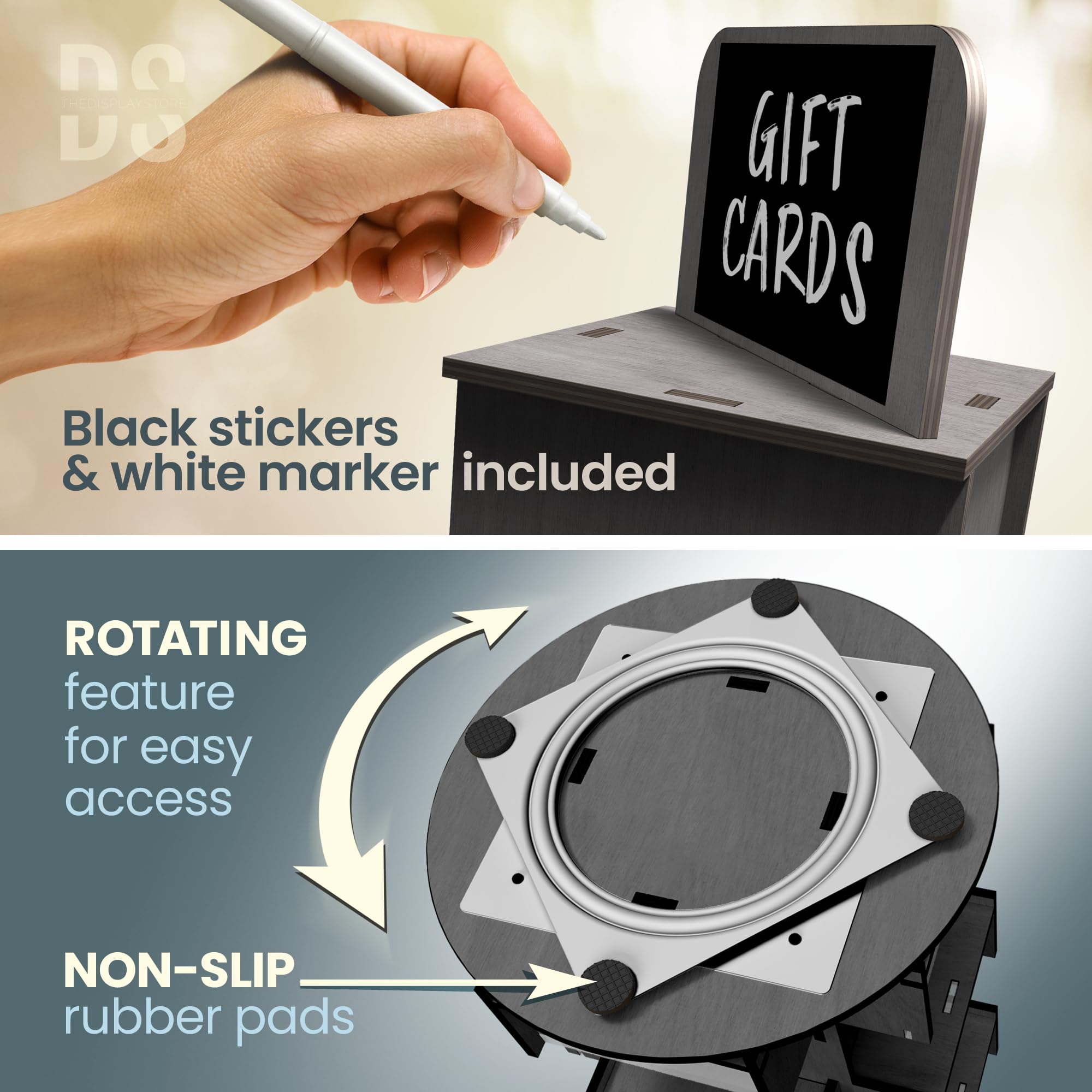 DS THE DISPLAY STORE 3 Tier Rotating Sticker Display Stand for Vendors, Black Wooden Countertop Organizer Shelf for Coasters, Retail, Showcase, Tradeshow