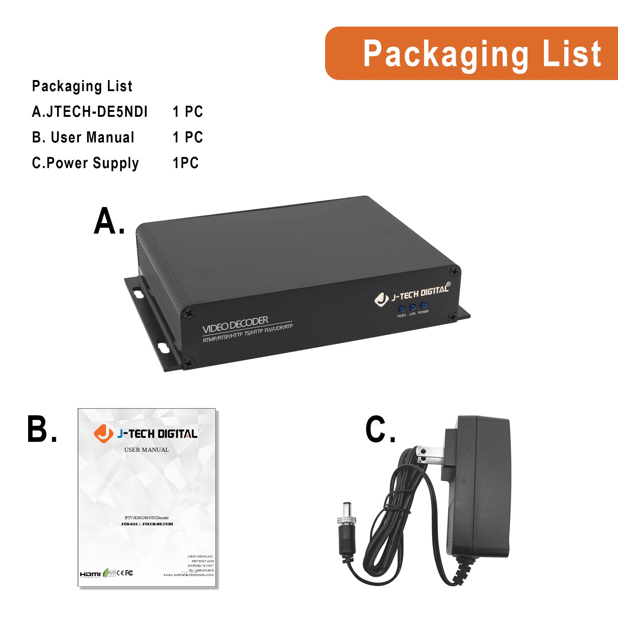 J-Tech Digital H.264 H.265 HDMI IPTV Livestream Decoder with Audio Output | Supports NDI|HX, RTSP, RTMP, HTTP, HLS, UDP, RTP, SRT [JTECH-DE5NDI|HX]
