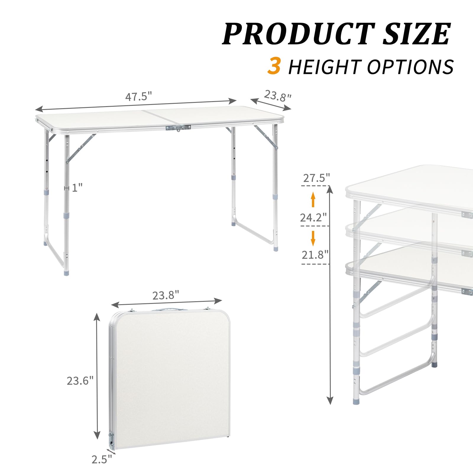 Outvita 4ft Portable Folding Camping Table, Outdoor Waterproof Adjustable Height Table, Aluminum Lightweight Suitcase Foldable Table for Picnic BBQ Beach Dining