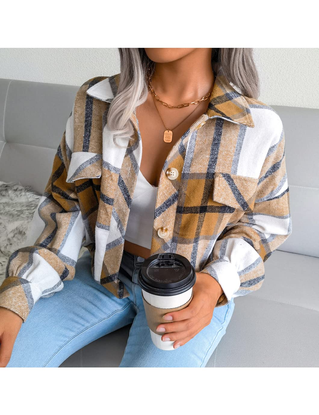 Womens Casual Plaid Shacket Long Sleeve Wool Blend Button Down Shirt Jacket Tops(Khaki,M)
