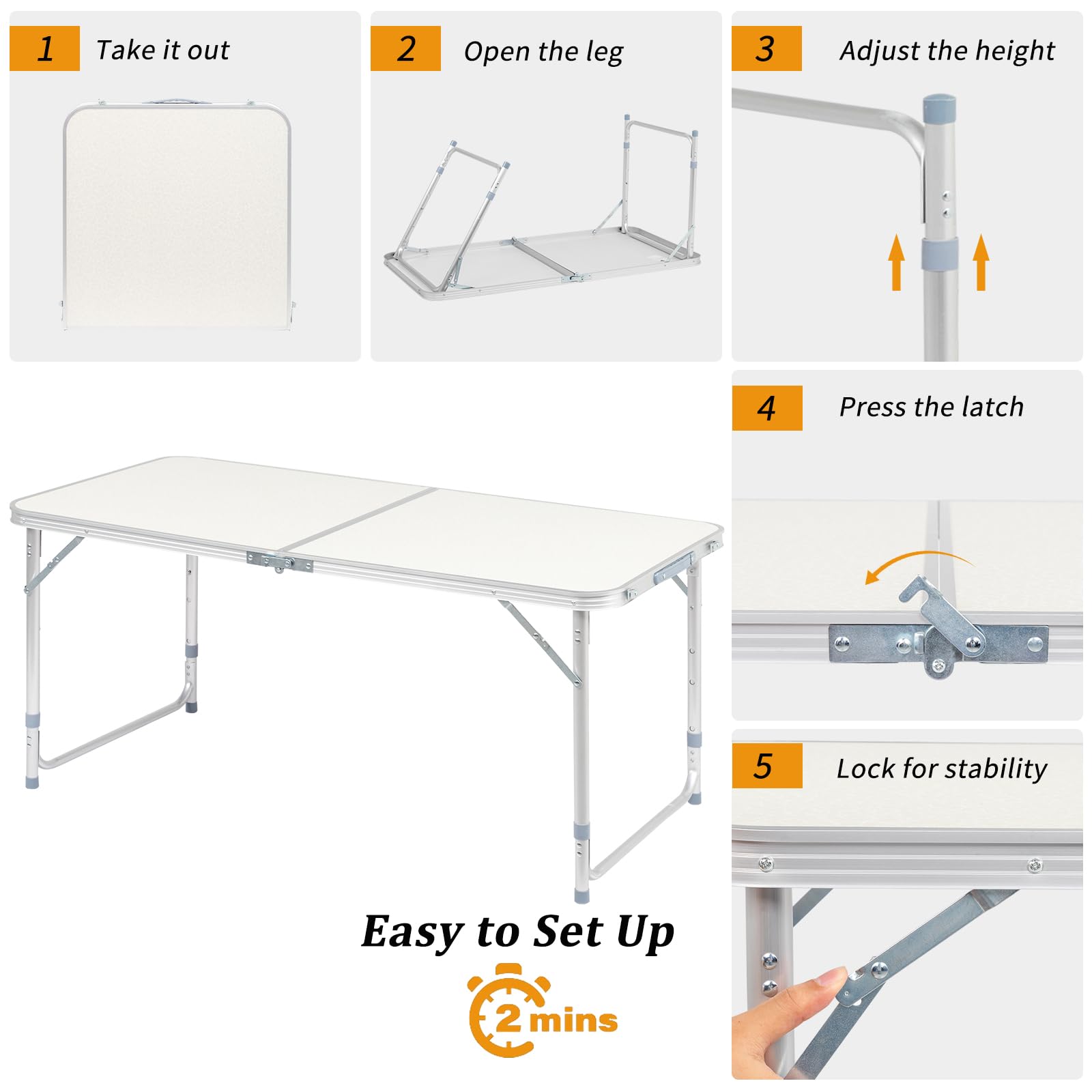 Outvita 4ft Portable Folding Camping Table, Outdoor Waterproof Adjustable Height Table, Aluminum Lightweight Suitcase Foldable Table for Picnic BBQ Beach Dining