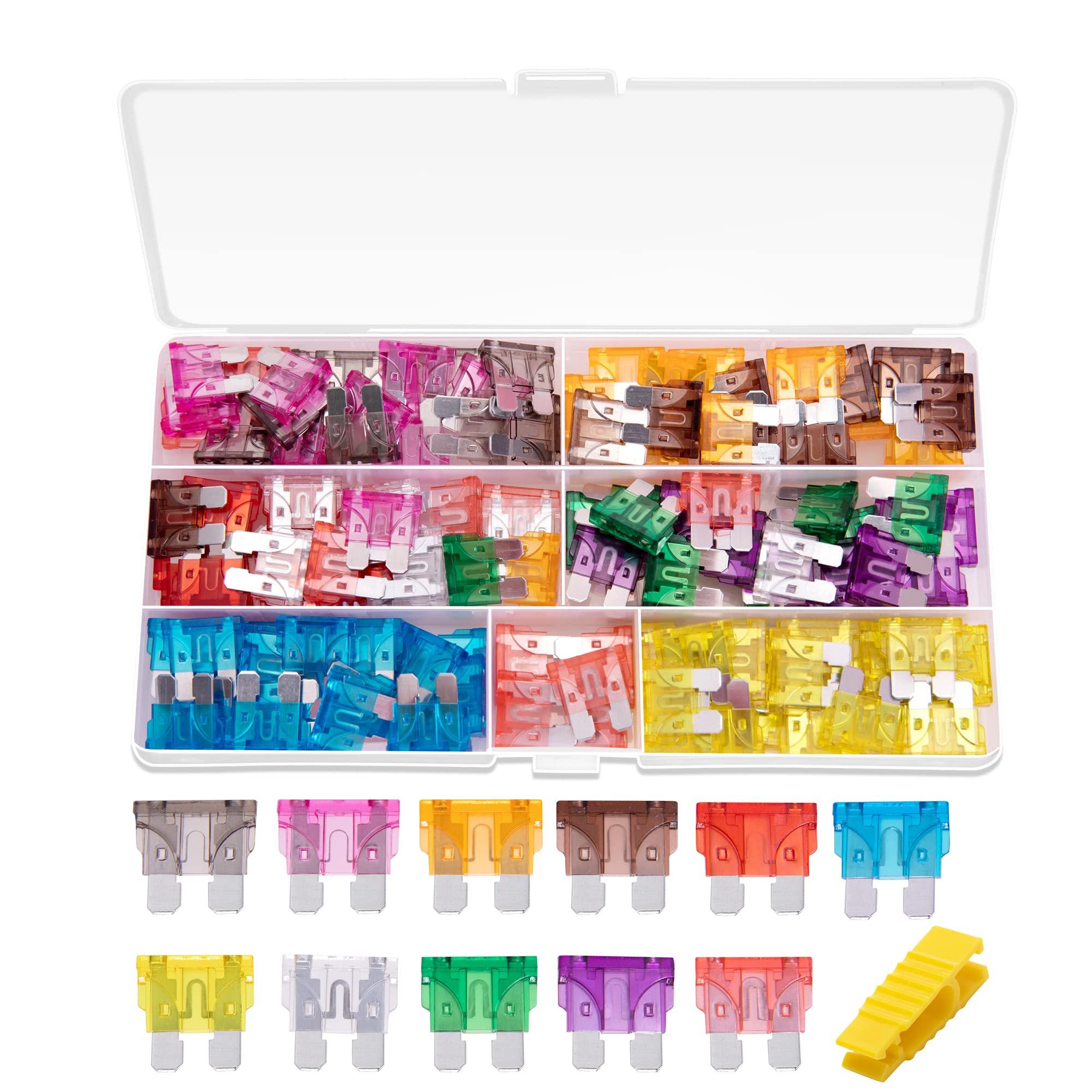 Ginsco 130 Pcs Blade Fuses Assortment Kit Standard Regular Size 2A 3A 5A 7.5A 10A 15A 20A 25A 30A 35A 40A with Puller for Car RV Truck Marine Boat Motorcycle Bus