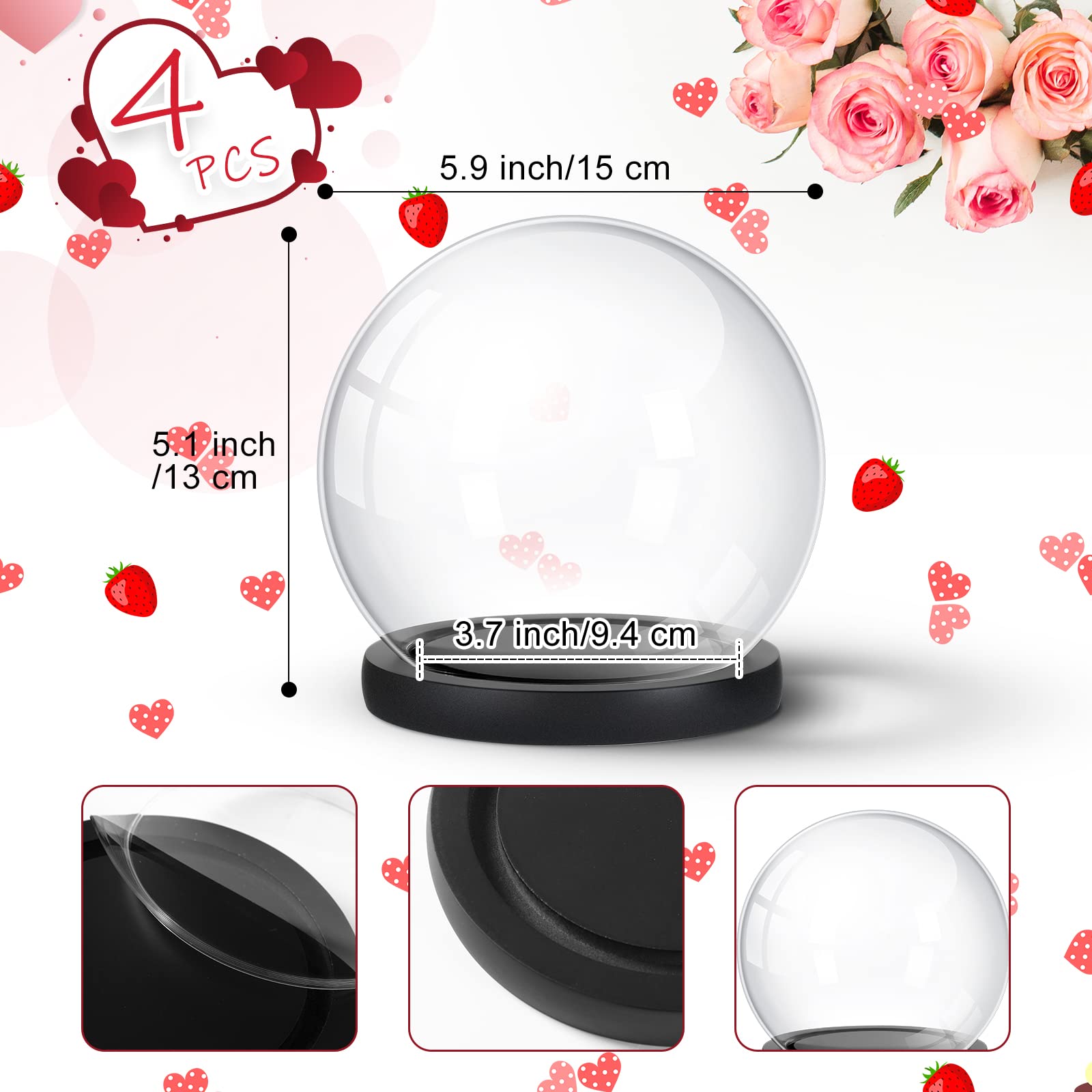 Tuanse 4-Piece Glass Dome Display Showcase with Wood Base - DIY Craft Keepsake Globe Display Case - Gifts for Women, Wedding Tabletop Centerpiece Decoration