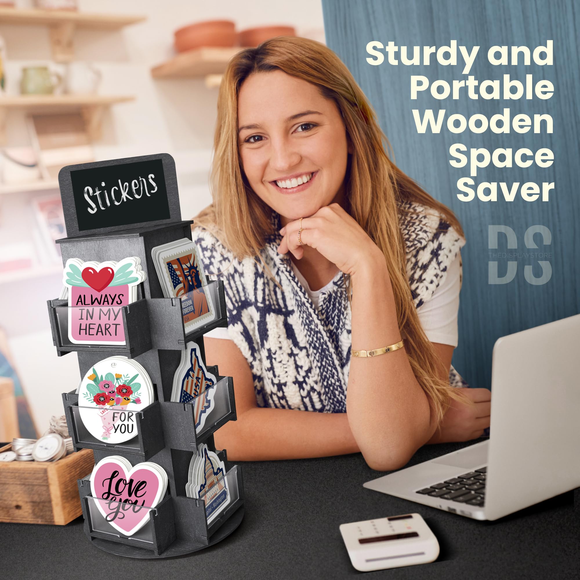DS THE DISPLAY STORE 3 Tier Rotating Sticker Display Stand for Vendors, Black Wooden Countertop Organizer Shelf for Coasters, Retail, Showcase, Tradeshow
