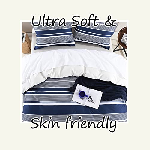 Duvet Cover Set - 100% Cotton,King Size,3 Piece Navy Striped , Simple Modern Farmhouse with Zipper Closure