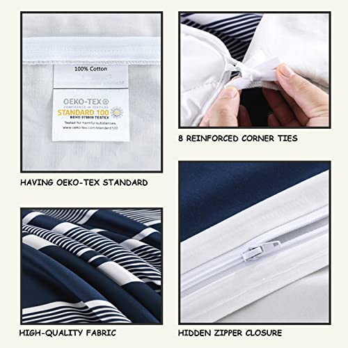 Duvet Cover Set - 100% Cotton,King Size,3 Piece Navy Striped , Simple Modern Farmhouse with Zipper Closure