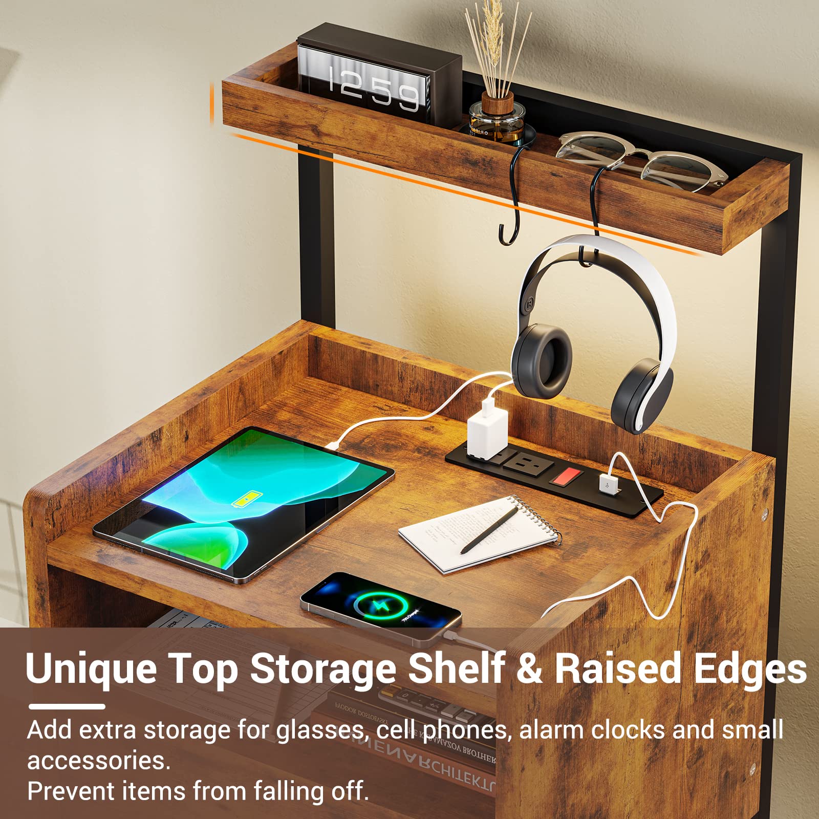 AOGLLATI Nightstand with Charging Station, Nightstand with Drawer and USB Ports, LED Night Stand for Bedroom, Bedside Table with Shelf, End Side Table Easy Assembly Edge Protection