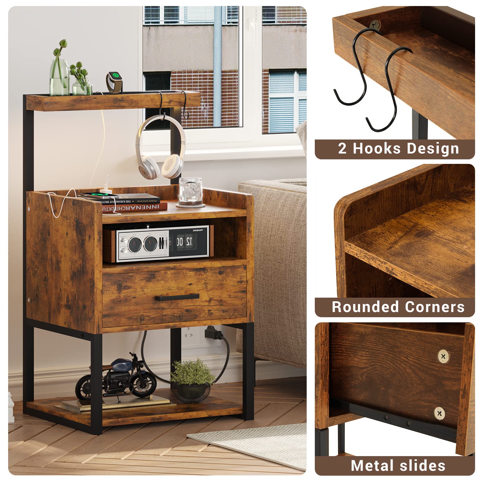 AOGLLATI Nightstand with Charging Station, Nightstand with Drawer and USB Ports, LED Night Stand for Bedroom, Bedside Table with Shelf, End Side Table Easy Assembly Edge Protection