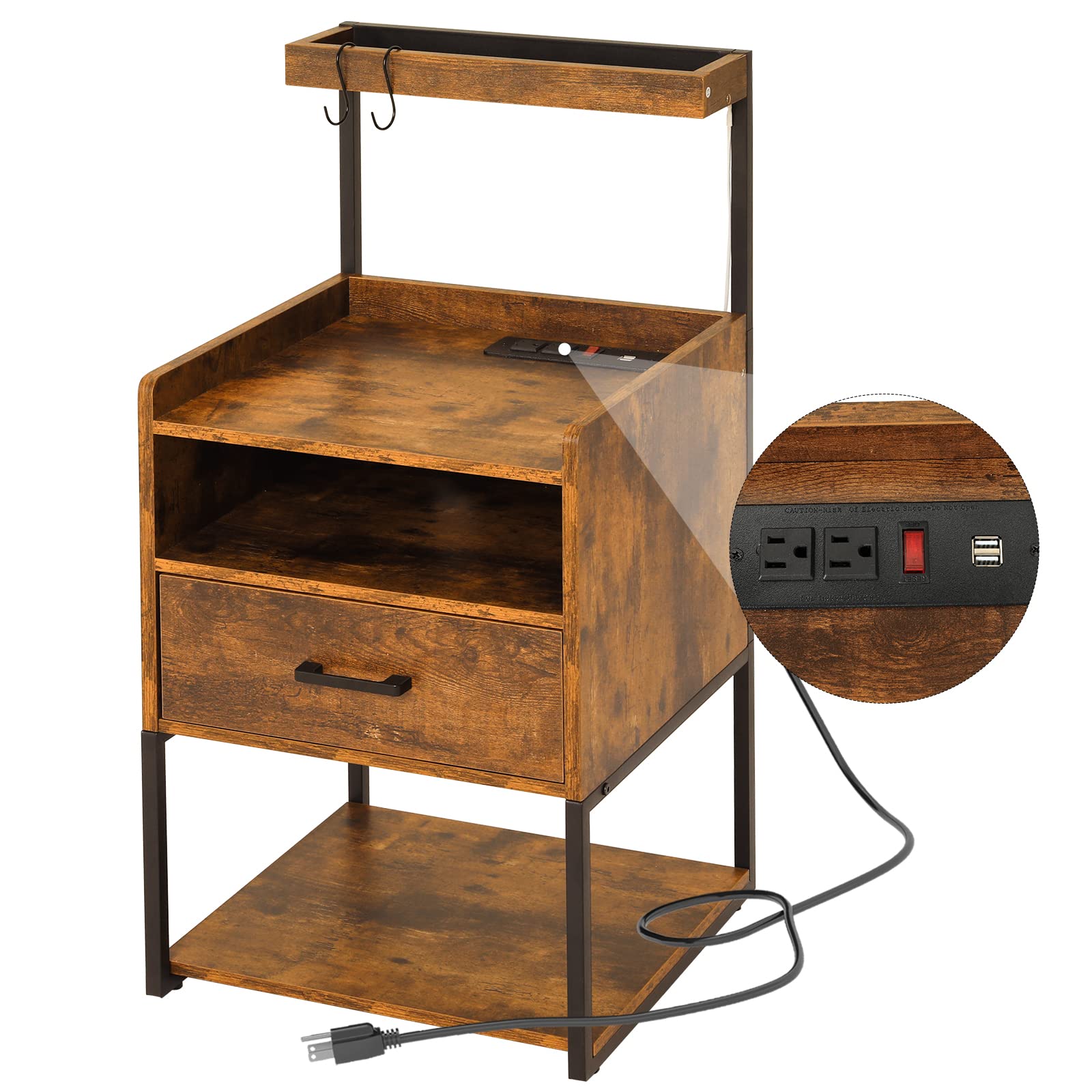 AOGLLATI Nightstand with Charging Station, Nightstand with Drawer and USB Ports, LED Night Stand for Bedroom, Bedside Table with Shelf, End Side Table Easy Assembly Edge Protection