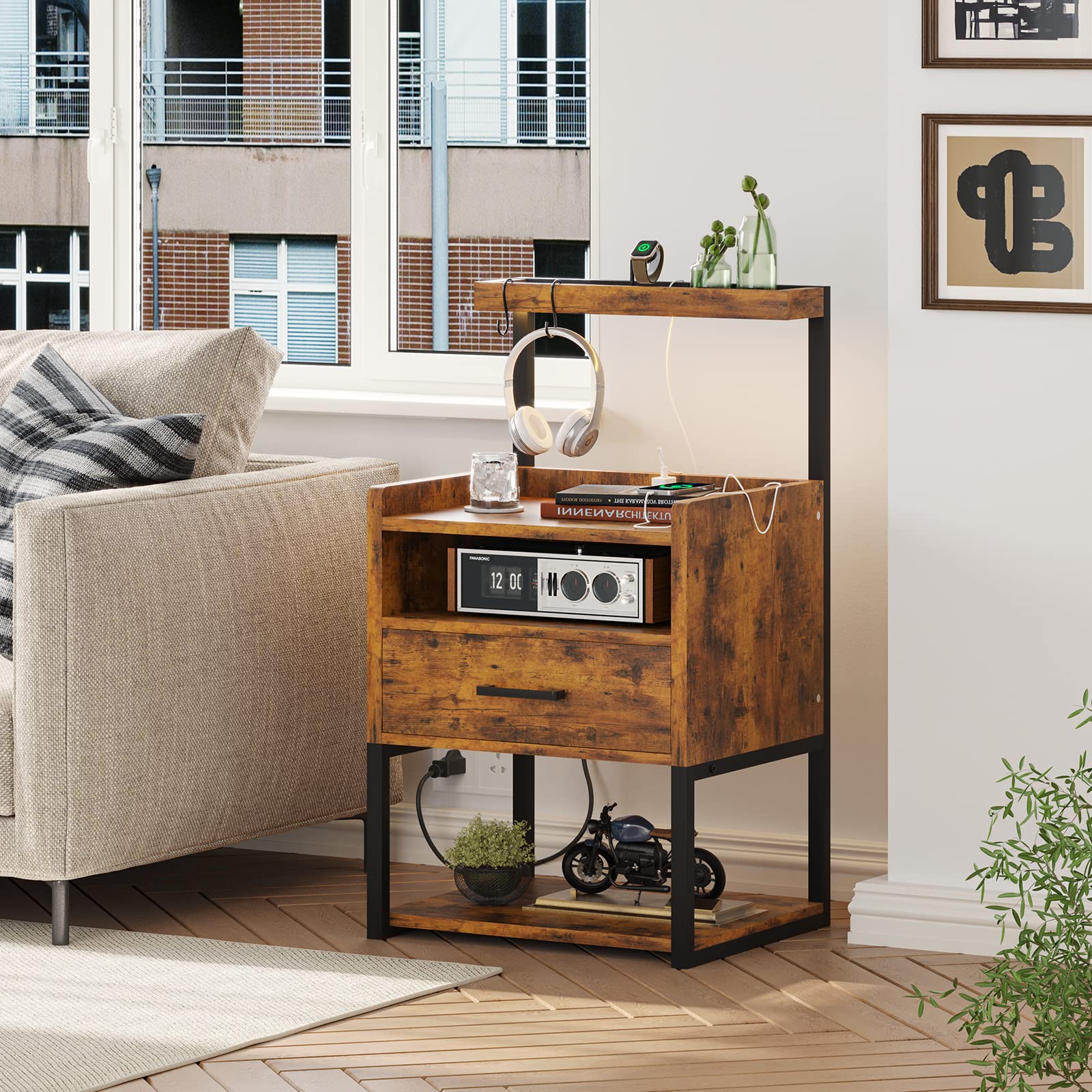 AOGLLATI Nightstand with Charging Station, Nightstand with Drawer and USB Ports, LED Night Stand for Bedroom, Bedside Table with Shelf, End Side Table Easy Assembly Edge Protection