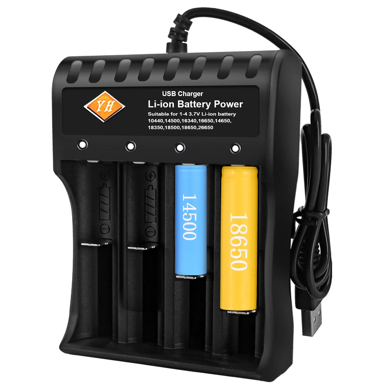 18650 Battery Charger 4 Bay Smart Universal USB Charger for 3.7V Rechargeable Lithium Li ion Batteries Compatible 18650 26650 21700 10400 14500 16340 16650 18500 Battery Charger（No Battery