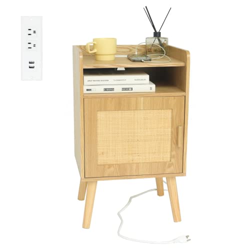 AWASEN Mid Century Nightstand with Charging Station, Rattan Night Stand with Storage, Bedside Table End Table with 2 Tiers Shelf Space for for Bedroom,Living Room, Natural Walnut