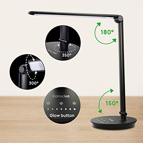 LED Desk Lamp, Consciot 12W Desk Light with USB Charging Port, 5 Lighting Modes 7 Brightness Levels, Dimmable & Adjustable, Touch-Sensitive Control, 30/60 min Auto Timer, Black