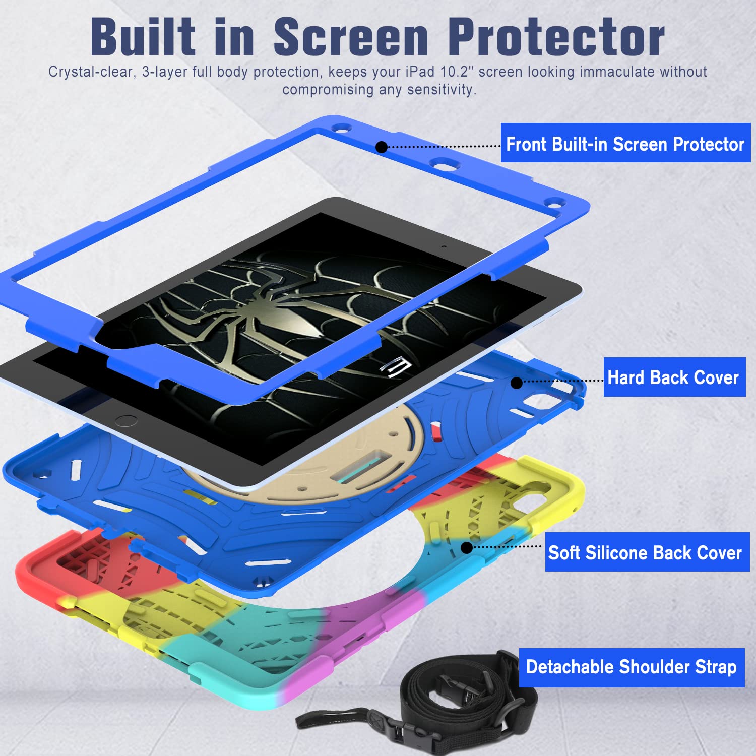 LTROP iPad 6th/5th Generation Case(2018/2017), iPad Air 2 Case, iPad 9.7 Inch Case, Shockproof Kids Case with Screen Protector/Shoulder Strap/Swivel Kickstand for iPad 6th/5th Gen/Air 2, Colorful