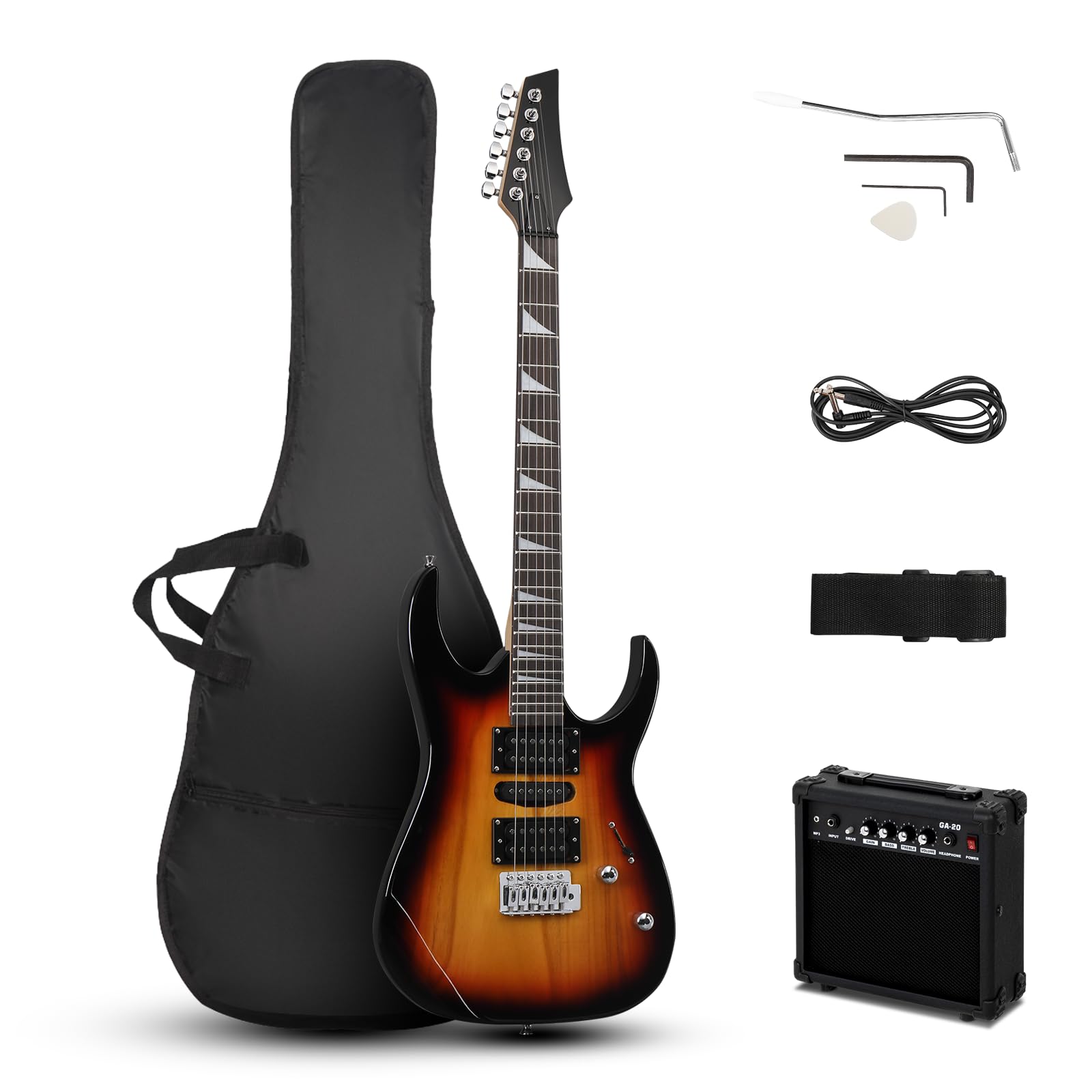 Ktaxon 39" Electric Guitar with 20Watt Amp, Full Size 170 Model Starter Guitar Kit for Beginners & Professional W/Bag, Shoulder Strap, Wrench Tool, Plectrum - Brown Sunburst