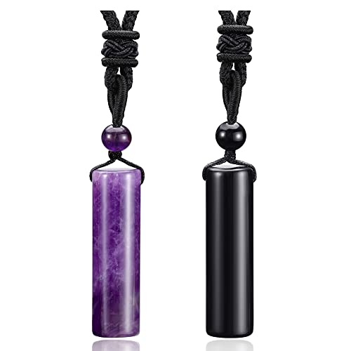 Top Plaza 2 Pcs Amethyst Black Obsidian Healing Crystal Stone Necklaces for Men Women Cylindrical Pendant Amulet Protection Necklaces Adjustable Braided Cord Natural Quartz Gemstone Necklace Jewelry