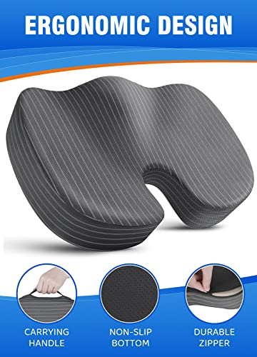 KoolCushy Seat Cushion, Striped Office Chair Cushion, Car Seat Cushion, Butt Pillow, Sciatica & Back Coccyx Tailbone Pain Relief, Memory Foam Non-Slip Chair Pad, for Computer Desk, Wheelchair, Gray