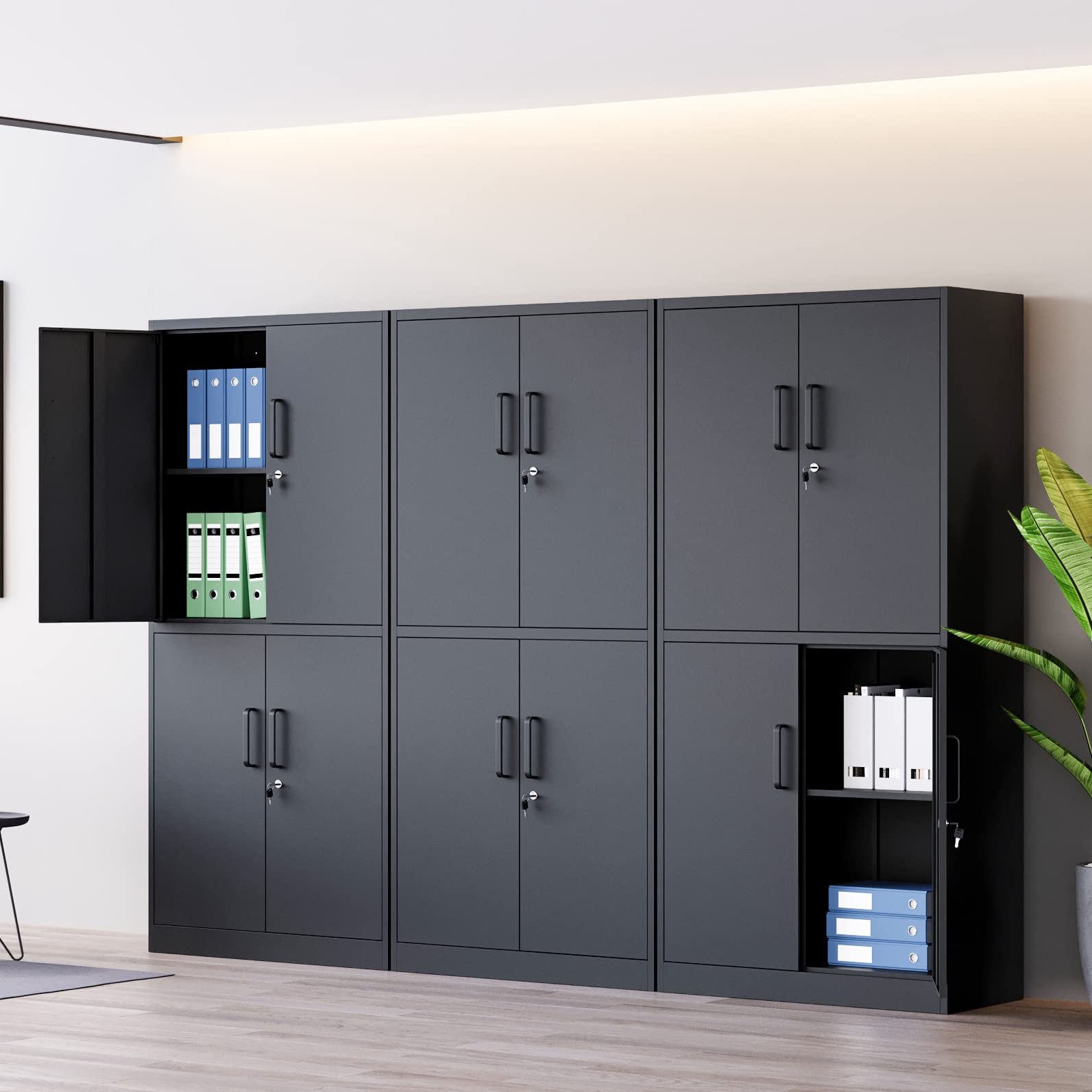 MIIIKO Steel Storage Cabinet with Locking Doors, Black Storage Cabinet with 4 Doors and 3 Adjustable Shelves, Tall Metal Locker Cabinet for Home Office, Garage, School
