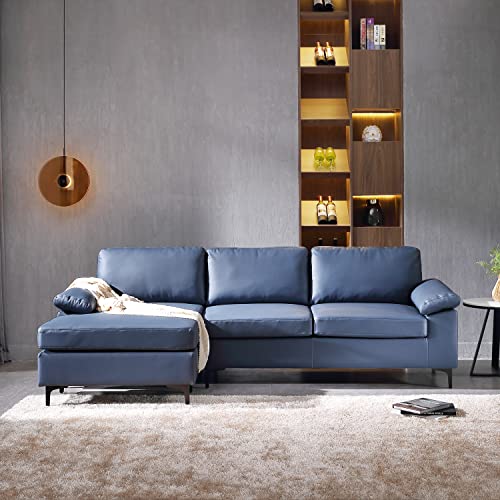 ovios 100" L-Shaped Sectional Sofa with Reversible Chaise, Luxury Deep Seat Couch with Convertible Chaise, Minimalism Cloud Sofas Couches for Living Room, Faux Leather, Blue