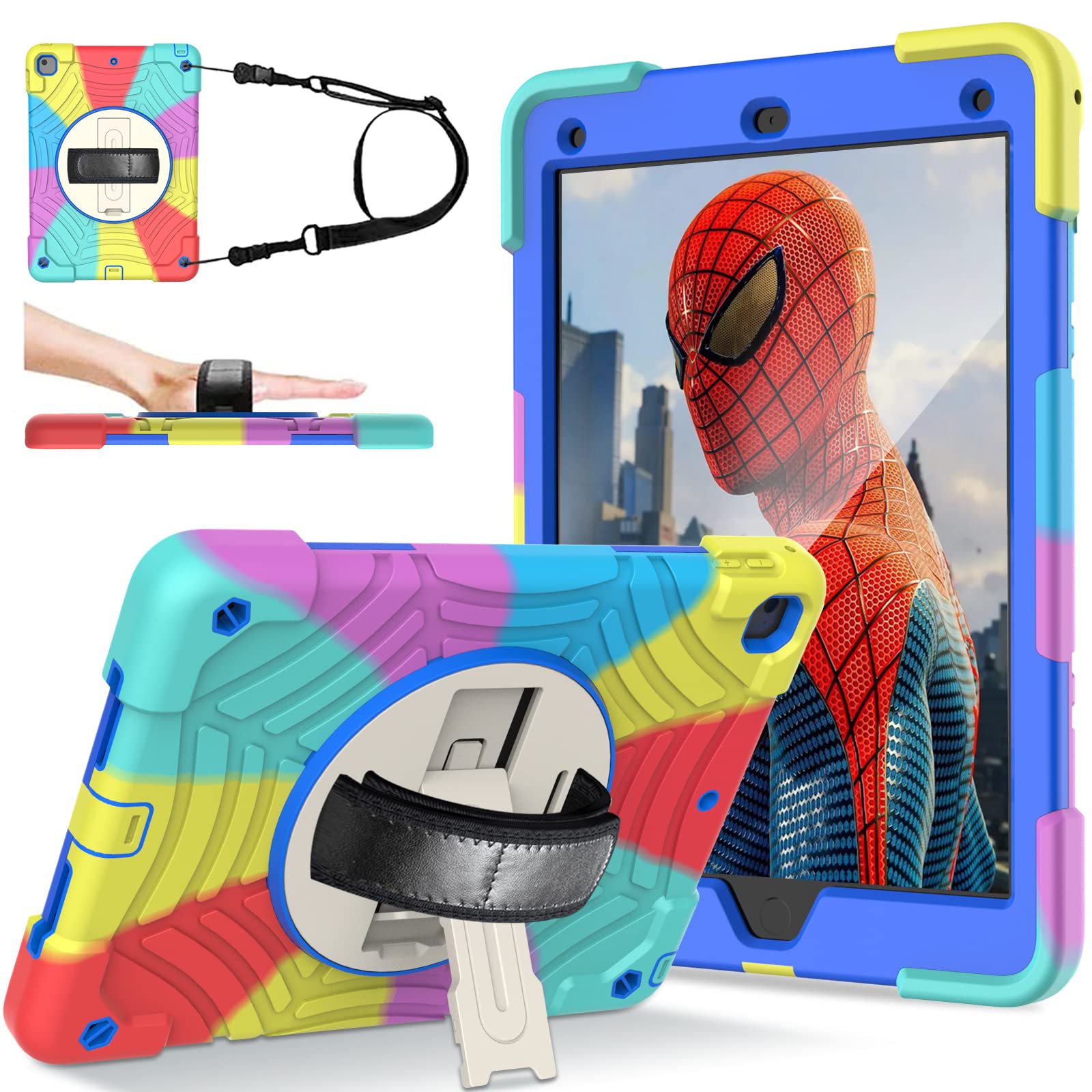 LTROP iPad 6th/5th Generation Case(2018/2017), iPad Air 2 Case, iPad 9.7 Inch Case, Shockproof Kids Case with Screen Protector/Shoulder Strap/Swivel Kickstand for iPad 6th/5th Gen/Air 2, Colorful