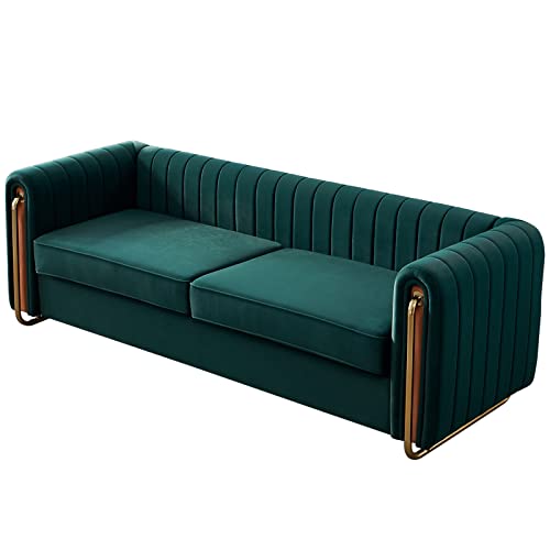 Dolonm Modern Velvet Sofa for Living Room, 84 Inches Long Upholstered Sofa Couch with High Armrest and Metal Legs Decor Furniture for Bedroom, Office (Green)
