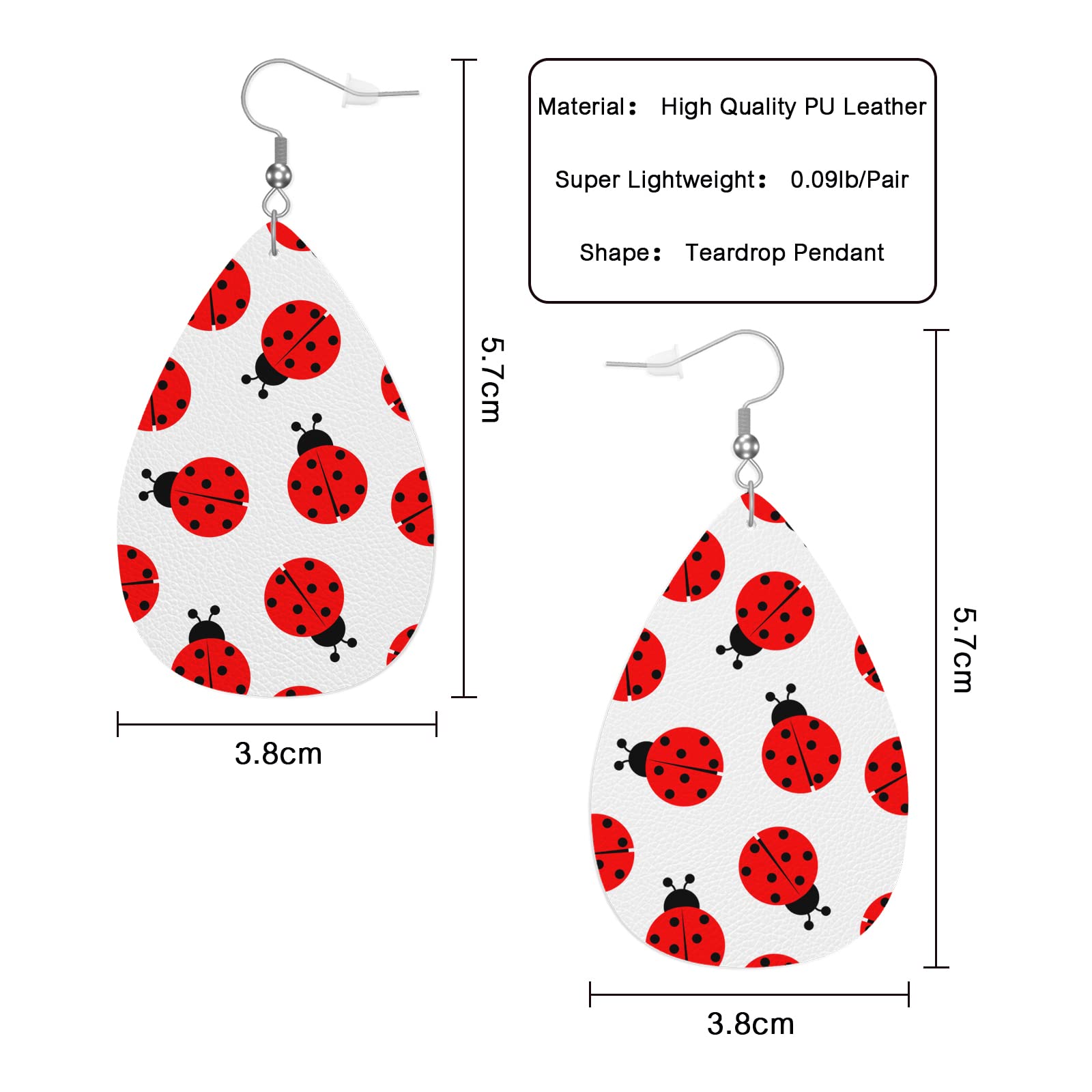 Vosach Red Ladybug Woman Earrings, Funny Red Black Ladybug Lightweight Leather Dangle Teardrop Earrings Jewelry For Ladies Friends