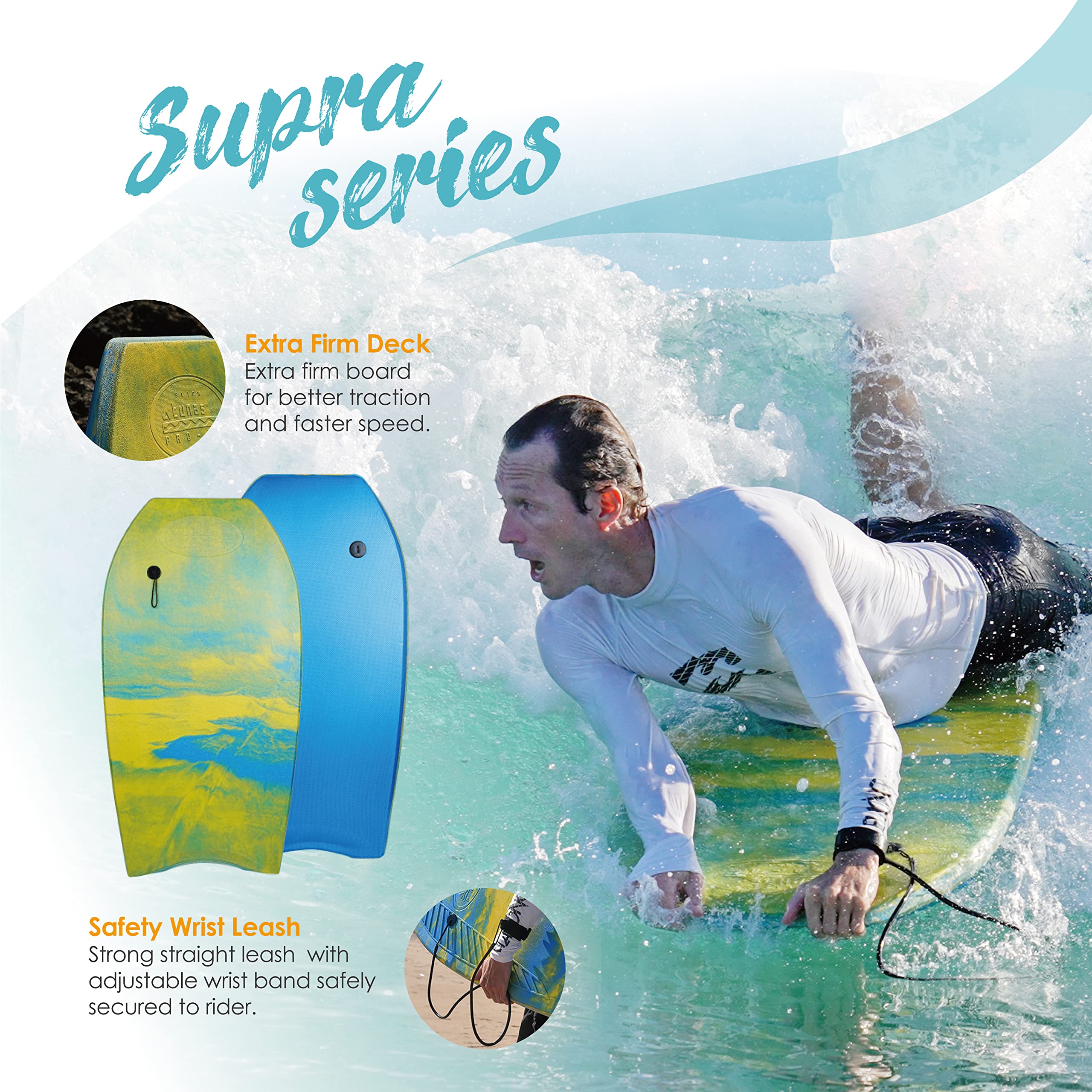 ATUNAS Body Boards, 33"-43" Bodyboard for Beach with Wrist Leash, Solid PE/EVA Closed-Cell Waterproof Foam, Surfing for Kids and Adults (Lime Soda, 42 inch)