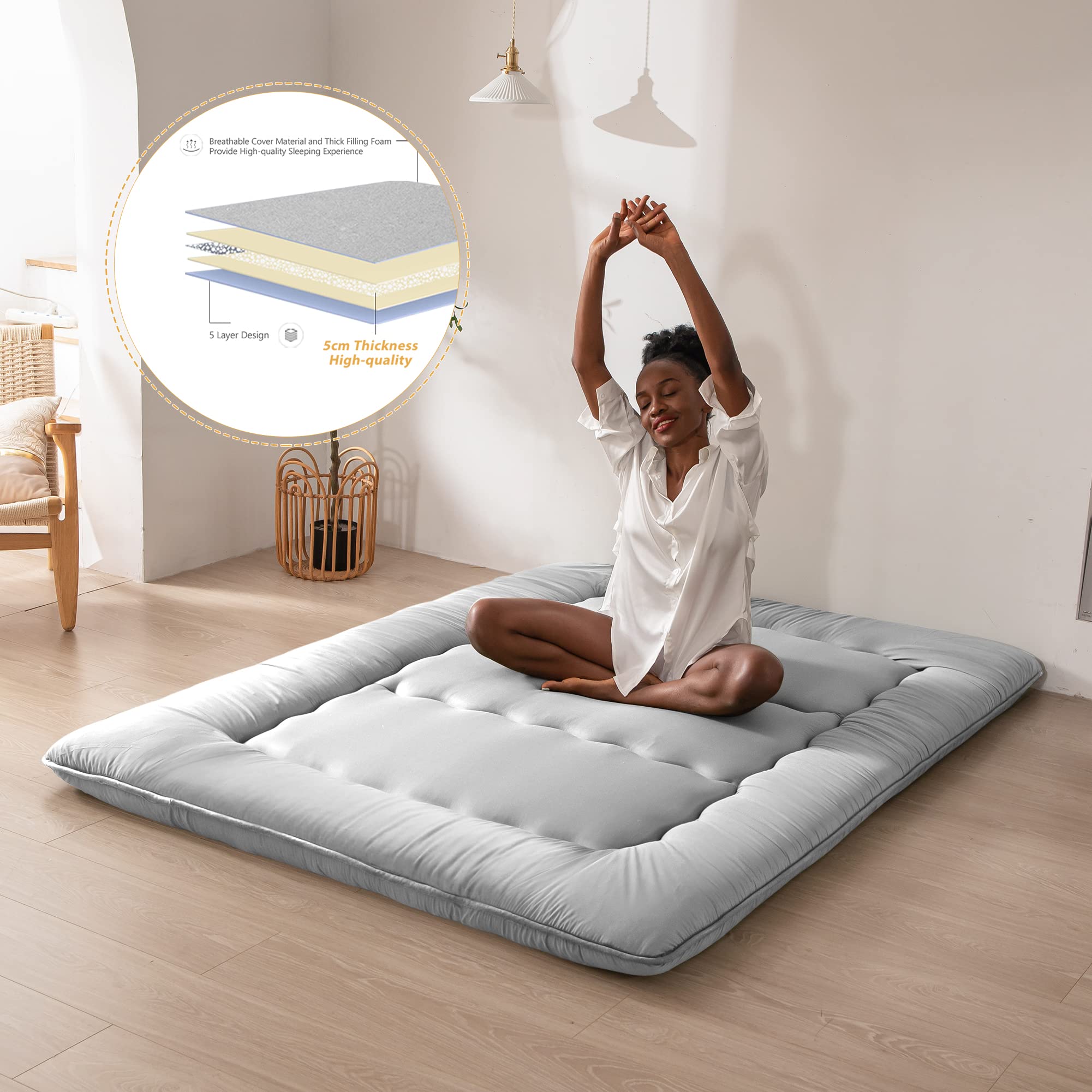 MAXYOYO Japanese Floor Mattress Futon Mattress, Thicken Daybed Sleeping Pad Foldable Roll Up Boys Girls Dormitory Kids Lounger Bed Couch and Sofa, Grey, Full