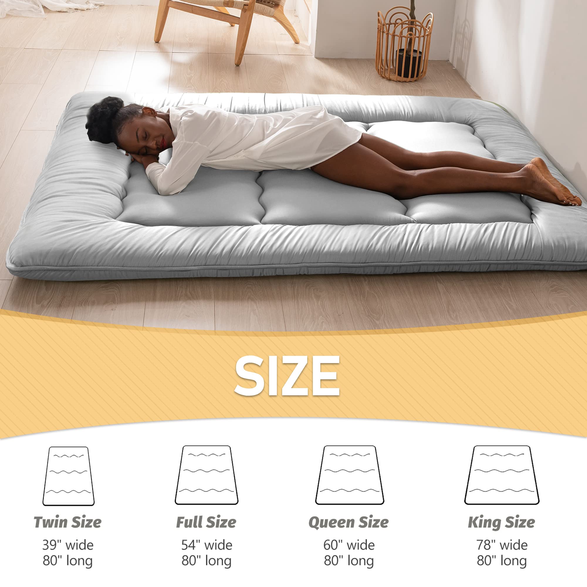 MAXYOYO Japanese Floor Mattress Futon Mattress, Thicken Daybed Sleeping Pad Foldable Roll Up Boys Girls Dormitory Kids Lounger Bed Couch and Sofa, Grey, Full