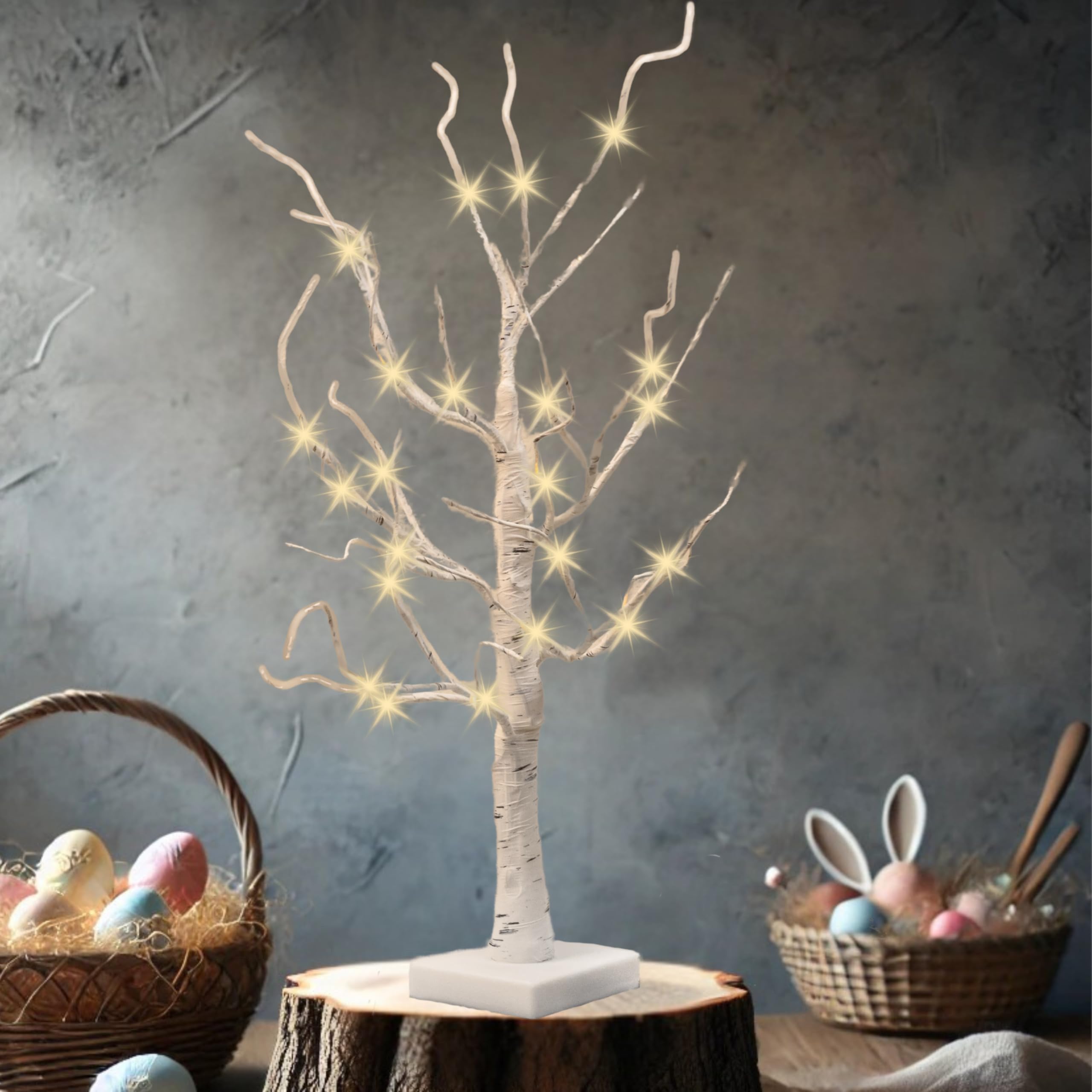 Easter Tree Lighted Birch Tree with Led Lights | USB/Battery Operated | Easter Egg Tree Tabletop Decorations, 2FT 24 LEDs Warm White Lighted Trees for Decoration Inside 2Pk