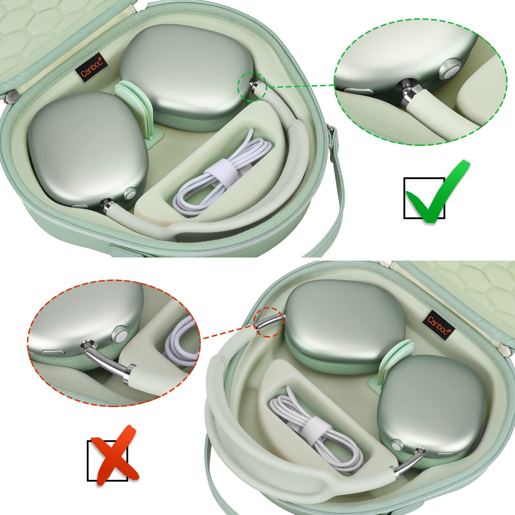 Canboc Airpods Max Case for Apple AirPods Max Headphone, Hard Carrying Smart Headphones Case, Extra Space fits Cable, Charger, Green (PU)