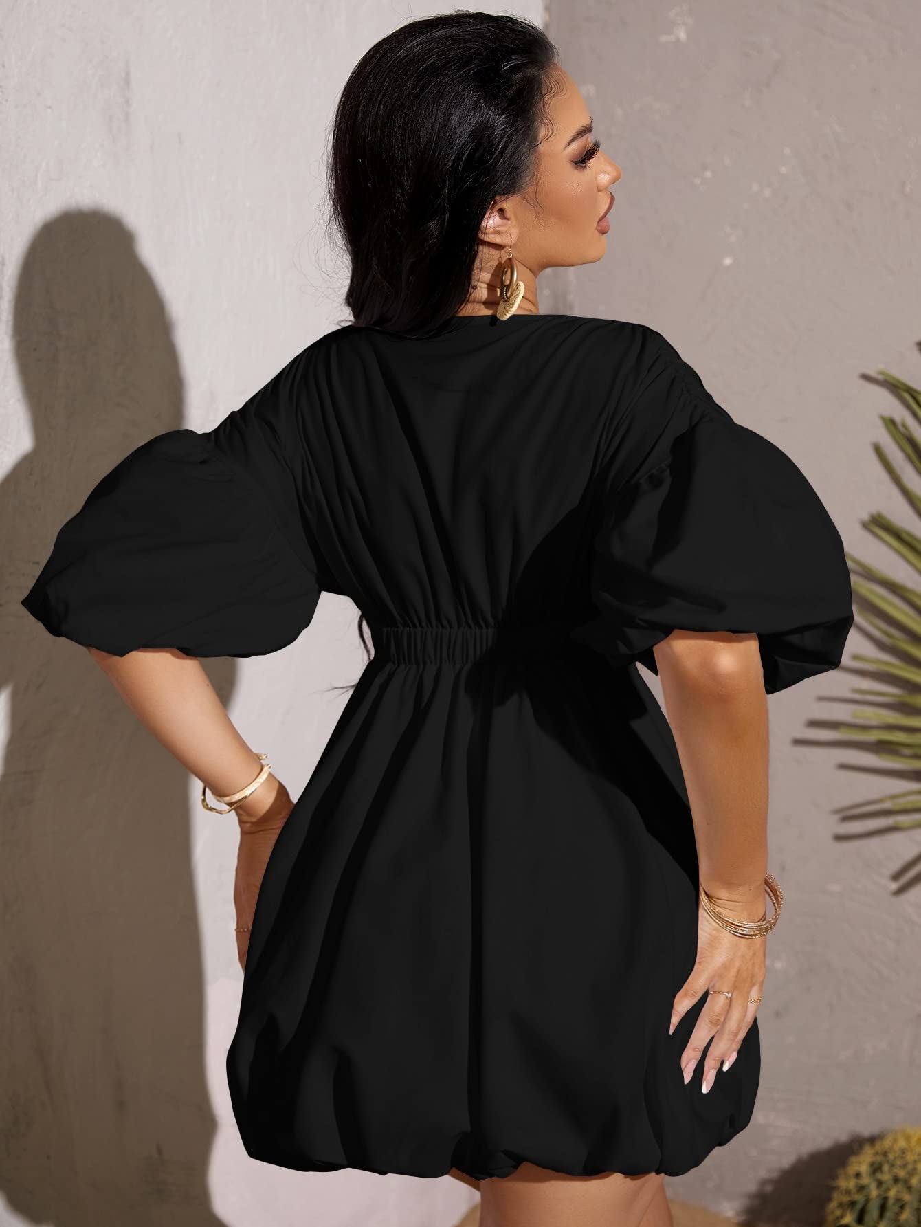 WDIRARA Women's Deep V Neck Puff Sleeve High Rise Flare Dress Elastic Waist Dress Black S