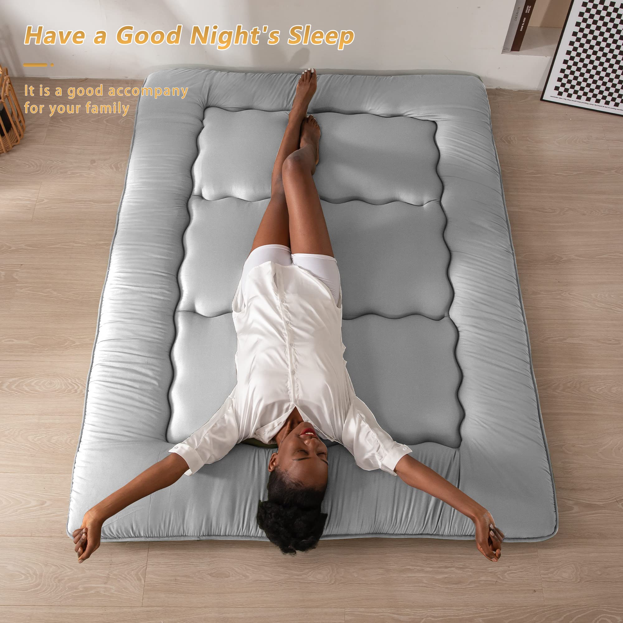 MAXYOYO Japanese Floor Mattress Futon Mattress, Thicken Daybed Sleeping Pad Foldable Roll Up Boys Girls Dormitory Kids Lounger Bed Couch and Sofa, Grey, Full