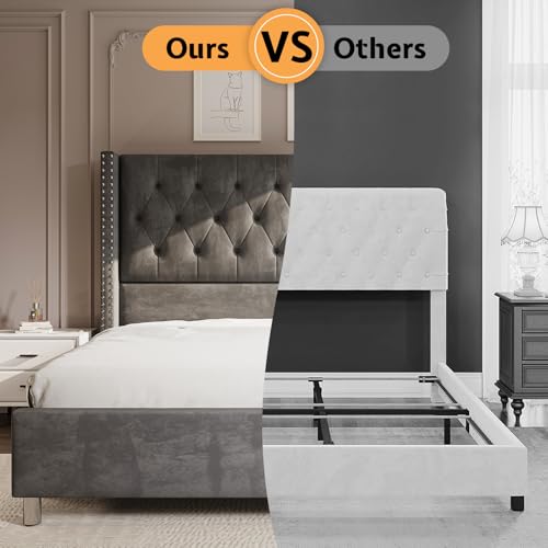 PaPaJet Upholstered Queen Bed Frame with Tall Headboard, Wingback Platform Bed, Velvet Tufted Button, No Box Spring Needed, Easy Assembly, Grey