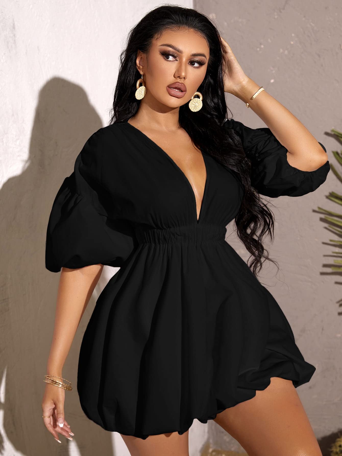 WDIRARA Women's Deep V Neck Puff Sleeve High Rise Flare Dress Elastic Waist Dress Black S
