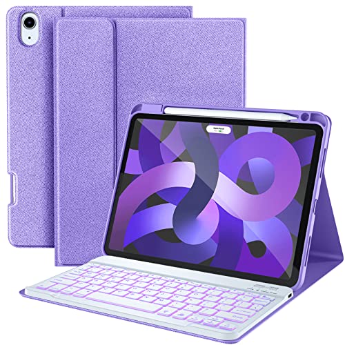 Harvopu for iPad Air 5th Generation Case with Keyboard - 7 Color Backlight Detachable Keyboard Tablet Cover with Pencil Holder for iPad Air 5th Gen 2022/iPad Air 4th Gen 2020 10.9, Purple