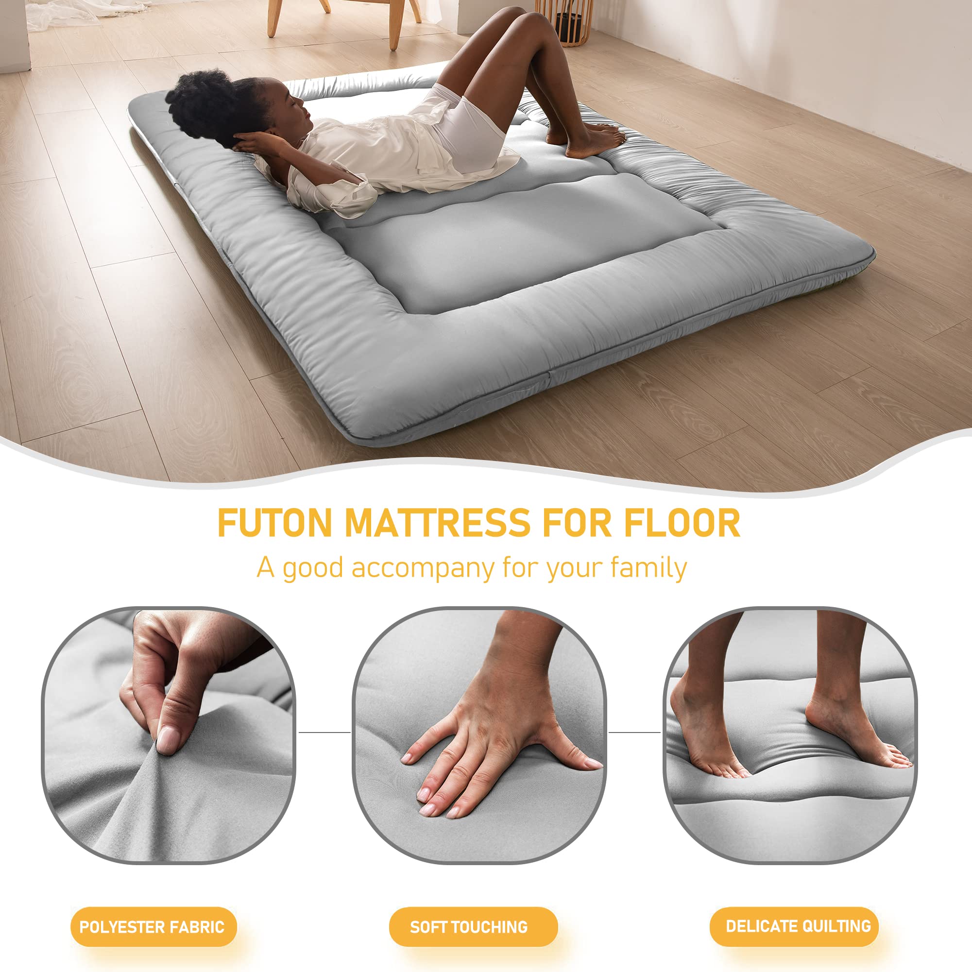 MAXYOYO Japanese Floor Mattress Futon Mattress, Thicken Daybed Sleeping Pad Foldable Roll Up Boys Girls Dormitory Kids Lounger Bed Couch and Sofa, Grey, Full