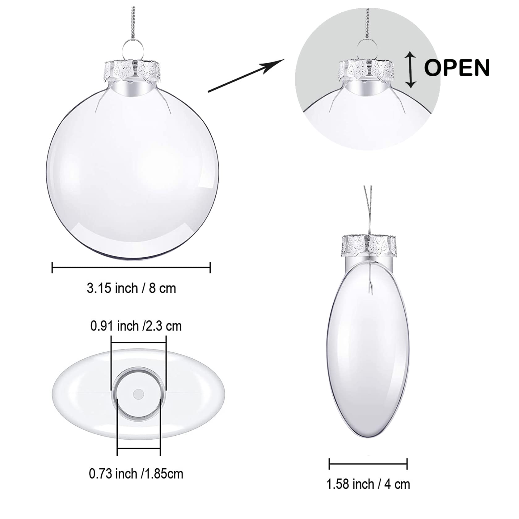 12Pcs Christmas Ornaments 3.15 Inch Clear Plastic Discs Flat Transparent Fillable Balls with Rope and Removable Metal Cap Christmas Hanging Ornaments for Craft DIY Christmas Tree Wreath Decor(80mm)