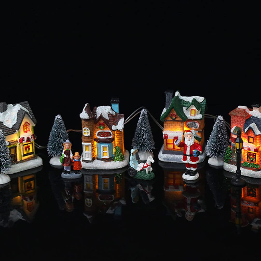 SEWACC 1Set Luminous House Ornament Christmas Cabin Decor Light up Christmas Village Santa Claus Ornaments Home Decorations Xmas Party Decor Desktop Resin Wooden House